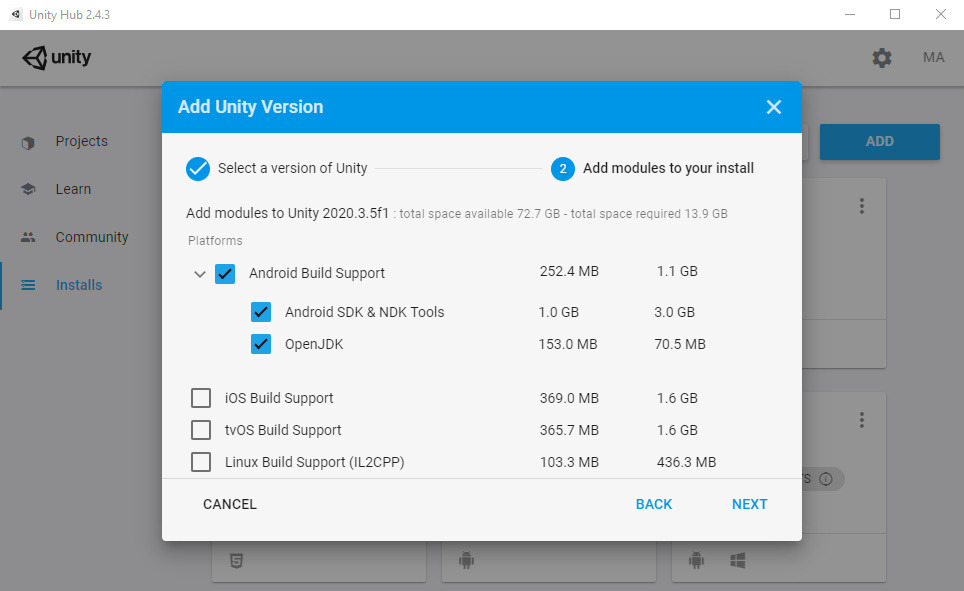 Unity Hub Addon Modulvalg