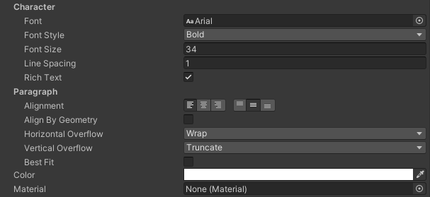 Unity Text Component Inspector Arial fed skriftstørrelse 34